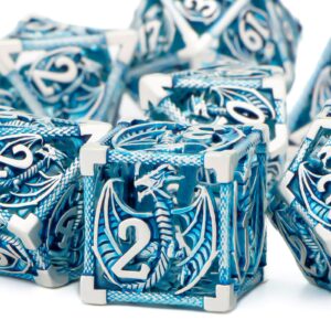 kerwellsi hollow metal dnd dice set, dungeons and dragons dice set with gifts box, 7pcs d&d dice set, polyhedral dice set for rpg role playing game, rpg d and d dice d20 d12 d10 d8 d6 d4 (blue)