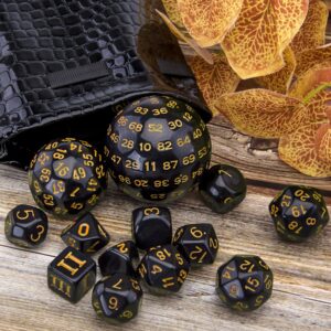 AUSTOR 15 Pieces Complete Polyhedral Dice Set D3-D100 Game Dice Set with a Leather Drawstring Storage Bag for Role Playing Table Games(Black & Yellow)