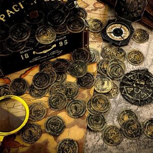 102 Pieces Pirate Theme Party Supply, Include Vintage Pirate Treasure Gold Coins, Pirate Skull Necklace and Pirate Compass, Pirate Accessories Costume for Halloween Cosplay Party (Bronze)