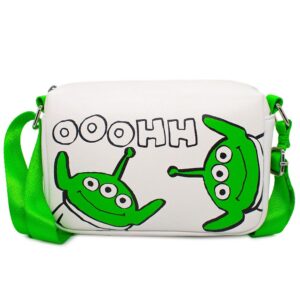 disney bag, cross body, rectangle, toy story alien faces ooohh pose, white, vegan leather