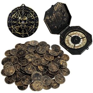 102 pieces pirate theme party supply, include vintage pirate treasure gold coins, pirate skull necklace and pirate compass, pirate accessories costume for halloween cosplay party (bronze)