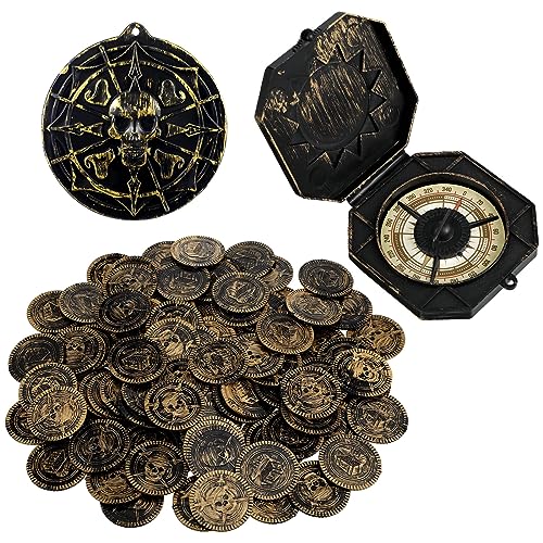 102 Pieces Pirate Theme Party Supply, Include Vintage Pirate Treasure Gold Coins, Pirate Skull Necklace and Pirate Compass, Pirate Accessories Costume for Halloween Cosplay Party (Bronze)