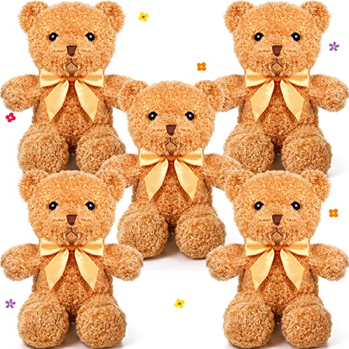 5 Pcs Bears Stuffed Animal Soft Plush Toys 12 Inches Cute Bear Small Shaggy Bear with Hoodie Bow Tie for Kids Boys Girls Baby Shower Birthday Party (Light Brown, Bow Tie Style)