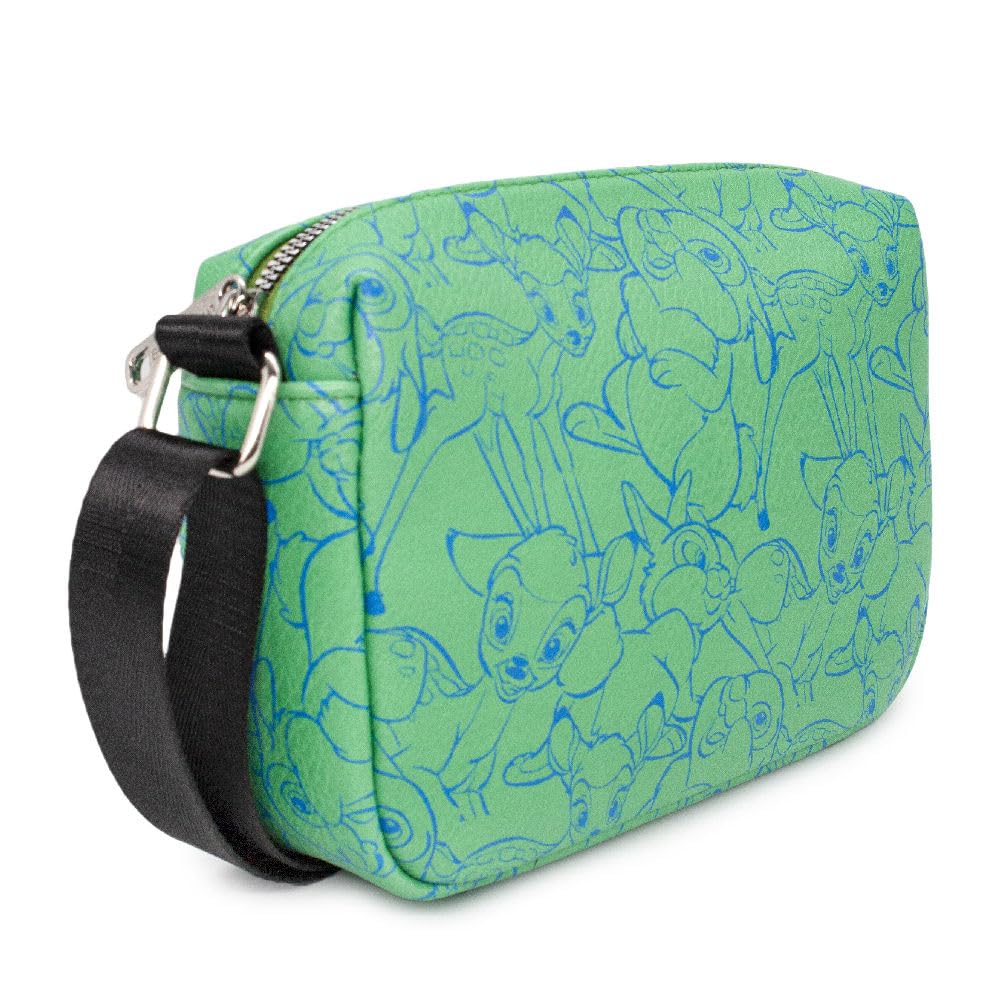 Disney Bag, Cross Body, Rectangle, Bambi and Thumper Outline Poses Stacked, Green Blue, Vegan Leather