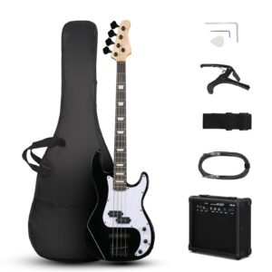 ktaxon 4 string electric bass guitar, pb-style full size standard right handed beginner kit with 20w amp, gig bag, strap, upgrade cable, guitar capo for youths & adults (black)