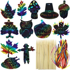 aviski 72pcs thanksgiving rainbow scratch art, fall paper crafts for kids, thanksgiving day pumpkin maple turkey hanging ornament decorations, art craft supplies for home tree classroom decor