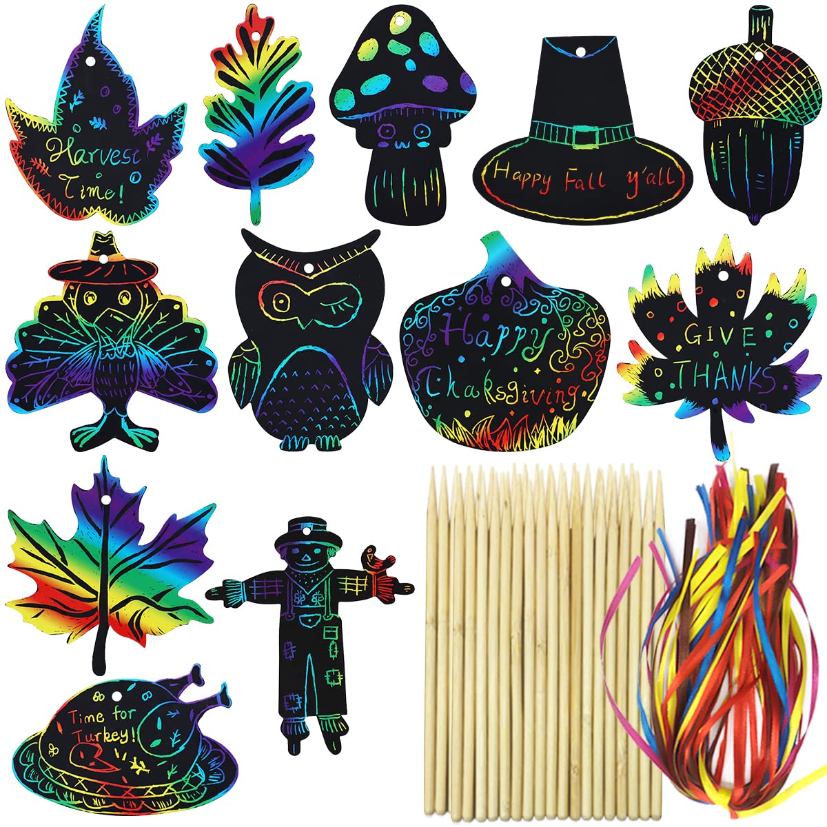 Aviski 72PCS Thanksgiving Rainbow Scratch Art, Fall Paper Crafts for Kids, Thanksgiving Day Pumpkin Maple Turkey Hanging Ornament Decorations, Art Craft Supplies for Home Tree Classroom Decor