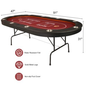 Koreyosh 91'' Folding Poker Table 10 Players Casino Poker TableTexas Holdem Poker Table Game Table with Stainless Steel Cup Holder(Red)