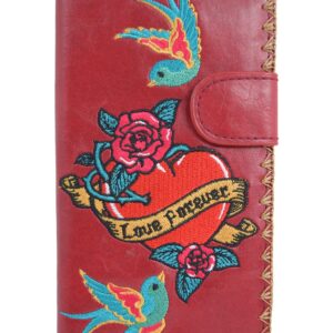 Skelapparel Tattoo Art love forever Sparrow birds embroidered Large flat wallet (Red)