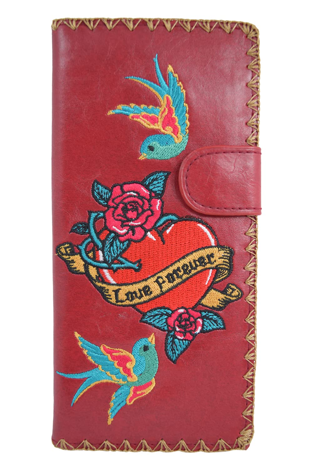 Skelapparel Tattoo Art love forever Sparrow birds embroidered Large flat wallet (Red)