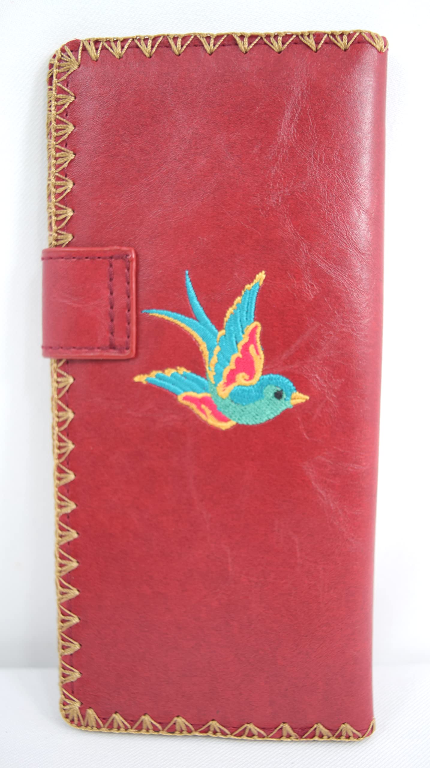 Skelapparel Tattoo Art love forever Sparrow birds embroidered Large flat wallet (Red)