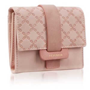 ft funtor rfid wallets for women, trifold womens wallet with coin zipper pocket vegan leather ladies wallets coins zipper pocket with id window short (blush pink)