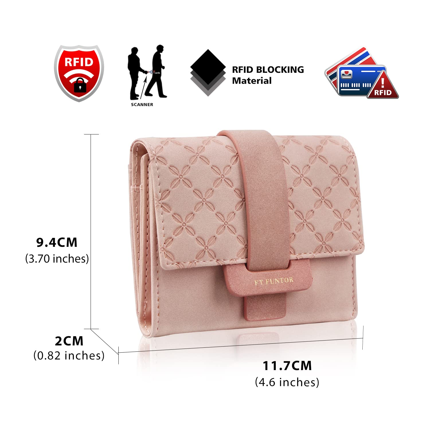 FT FUNTOR RFID Wallets for Women, Trifold Womens Wallet with Coin Zipper Pocket Vegan Leather Ladies Wallets Coins Zipper Pocket with ID Window Short (Blush pink)