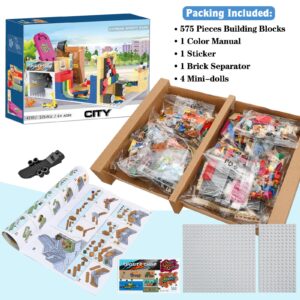 Skate Park Friends Building Set 575 PCS, Skateboard Toys for Kids Cool City Sports, with 4 Mini Dolls, Toy Scooter Sports Theme Park Building Playset for Boys and Girls Aged 6-12