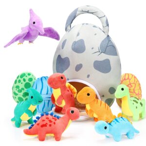 zhanmai 11 pcs dinosaur stuffed animal small dino plush toy and egg bag set cute stuffed dinosaur animals plush toys soft dinosaur stuff animals for easter birthday dinosaur themed party (classic)