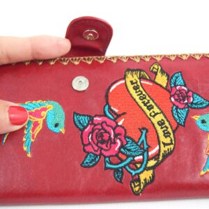 Skelapparel Tattoo Art love forever Sparrow birds embroidered Large flat wallet (Red)