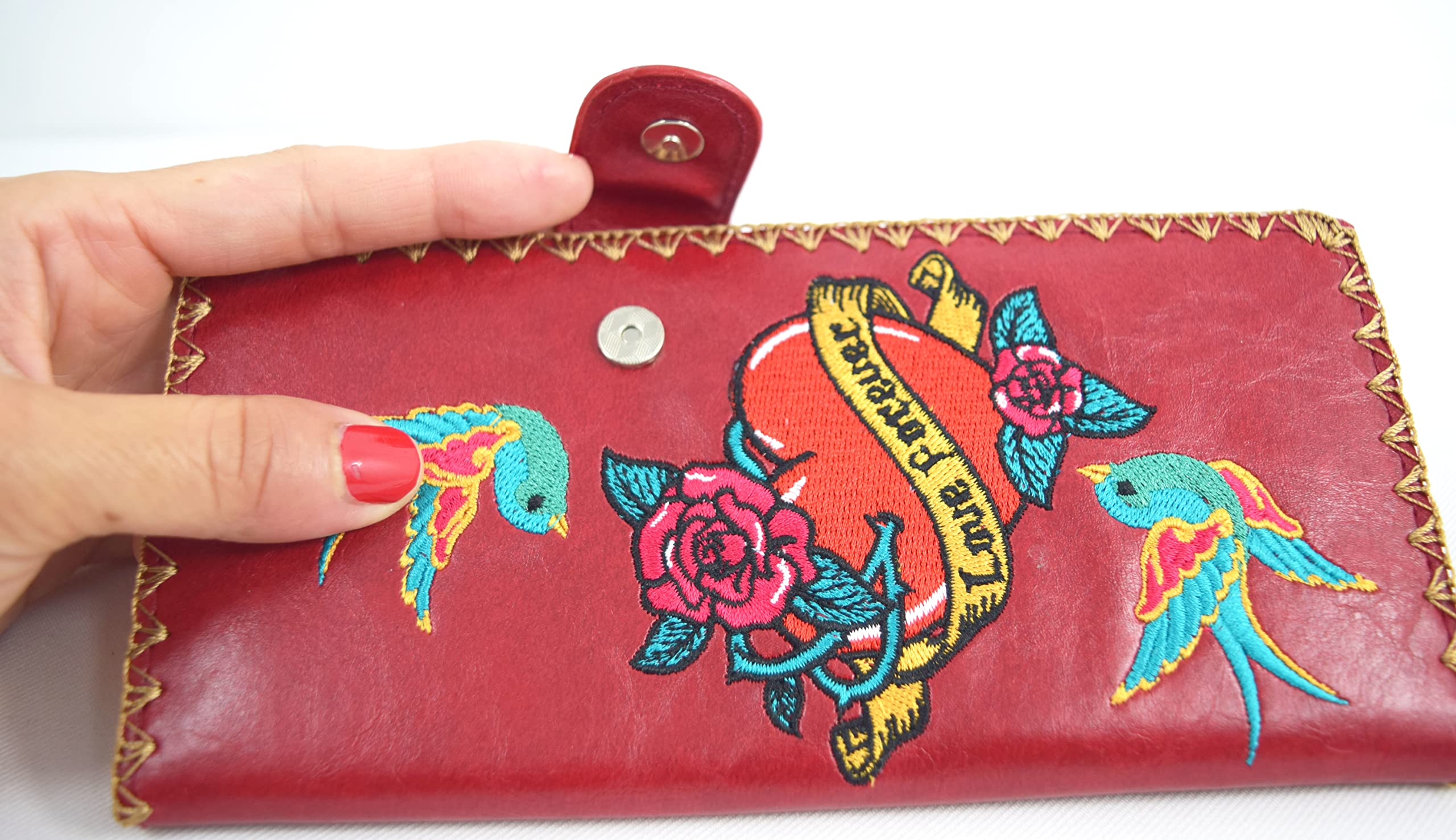 Skelapparel Tattoo Art love forever Sparrow birds embroidered Large flat wallet (Red)