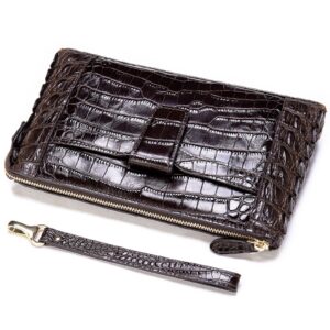 Crocodile Clutch Wallet for Men and Women, Luxury Leather Wristlet Handbag Hand Purse Large Checkbook Wallets Brown