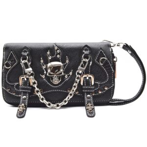 cowgirl trendy punk studs gothic skull chain art rivet buckle studded women wallet day of the dead zipper wristlet purse (#2 black)