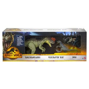 Jurassic World Dominion 3 Pack Figures & Dinosaurs, Owen Grady Motorcycle Yangchuanosaurus & Blue, Helmet & Tranquilizer, Ages 4 Years & Up, Multicolor (HLP79)