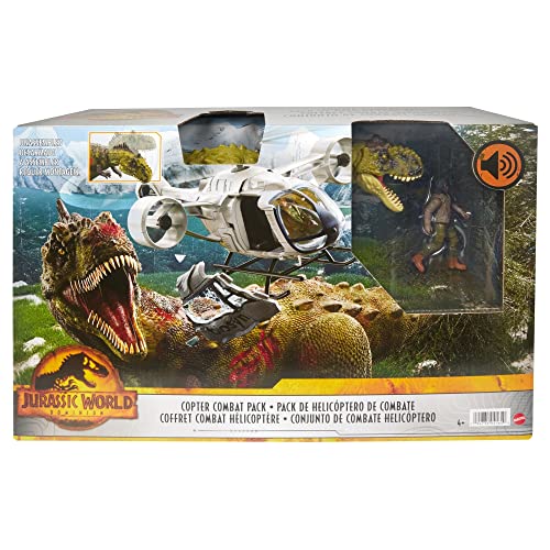 Jurassic World Extreme Damage Pack Combat with Helicopter Play Set for Kids Ages 4+, Multi-Colour