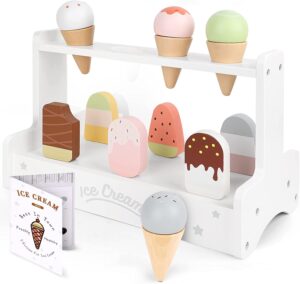 whoholl ice cream toddler girl toys, wooden serve ice cream counter playset, pretend play food toy with menu for kids ages 3+, girls boys montessori popsicle toy