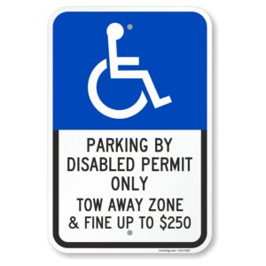 smartsign basics 18 x 12 inch “parking by disabled permit, tow-away zone” handicap parking sign, 120 mil aluminum composite (acm), engineer grade reflective material, blue/black on white