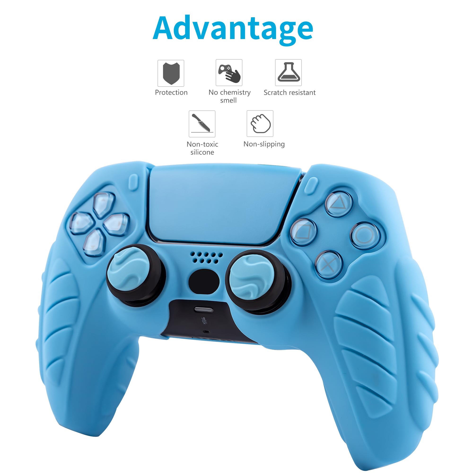 CHIN FAI Ergonomic Soft Grip Skin for PS5 Controller, Anti-Slip Silicone Controller Cover for PlayStation 5 Controller with 6 Thumb Grips Accessories Set (Starlight Blue)