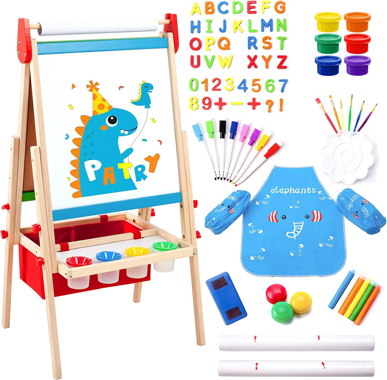 Kids Easel Including 100+ Accessories, Double Sided Wooden Easel for Kids - Magnetic Chalkboard & Painting Board & 2 Paper Rolls, Art Easel Supplies for Toddlers 3-8 Height Adjustable