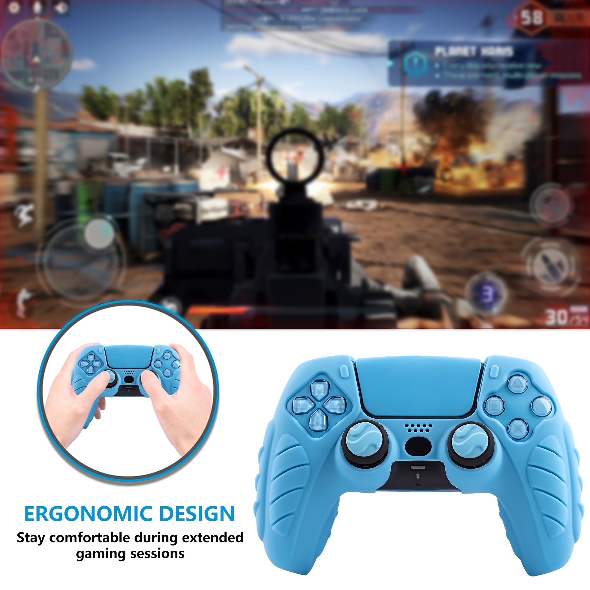 CHIN FAI Ergonomic Soft Grip Skin for PS5 Controller, Anti-Slip Silicone Controller Cover for PlayStation 5 Controller with 6 Thumb Grips Accessories Set (Starlight Blue)