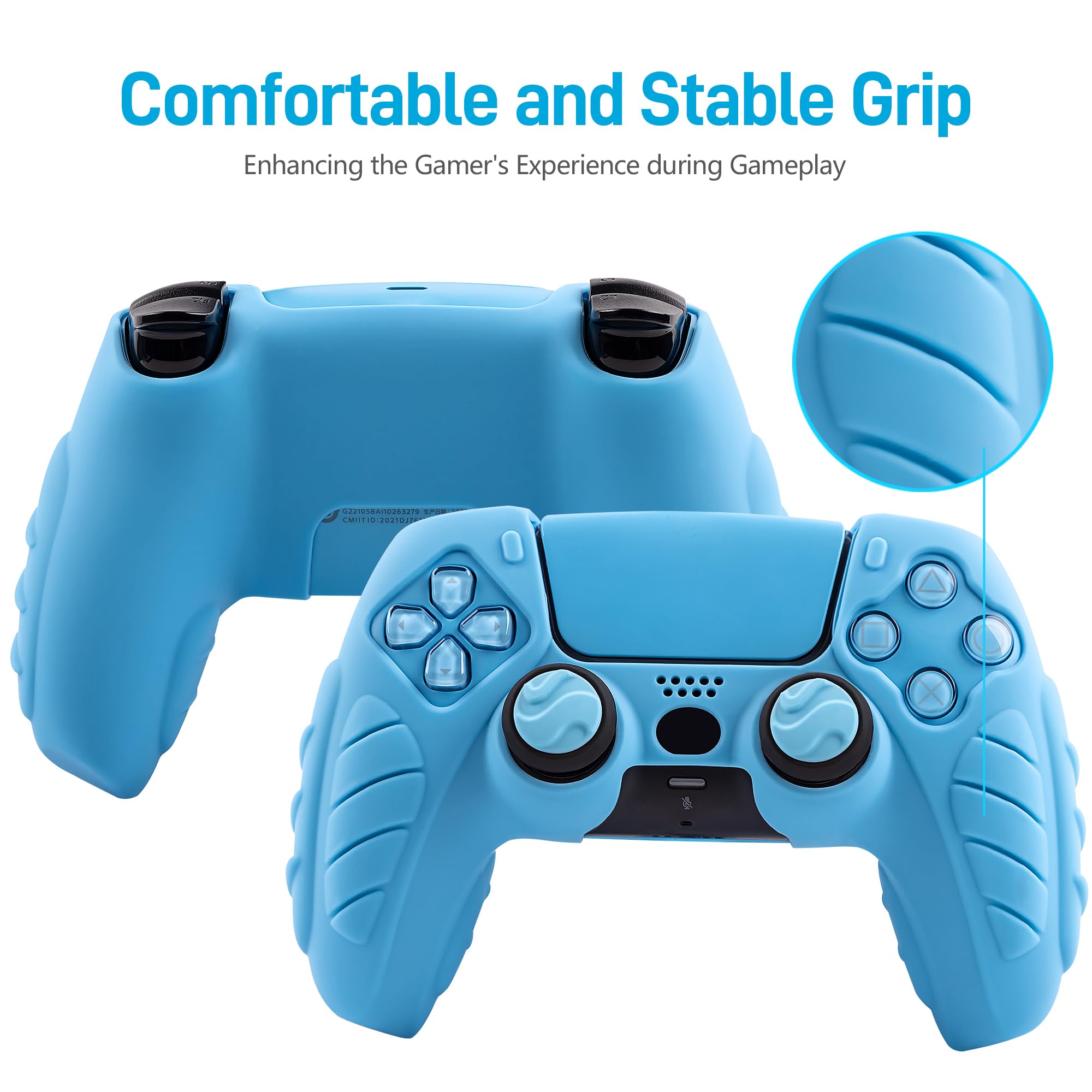 CHIN FAI Ergonomic Soft Grip Skin for PS5 Controller, Anti-Slip Silicone Controller Cover for PlayStation 5 Controller with 6 Thumb Grips Accessories Set (Starlight Blue)