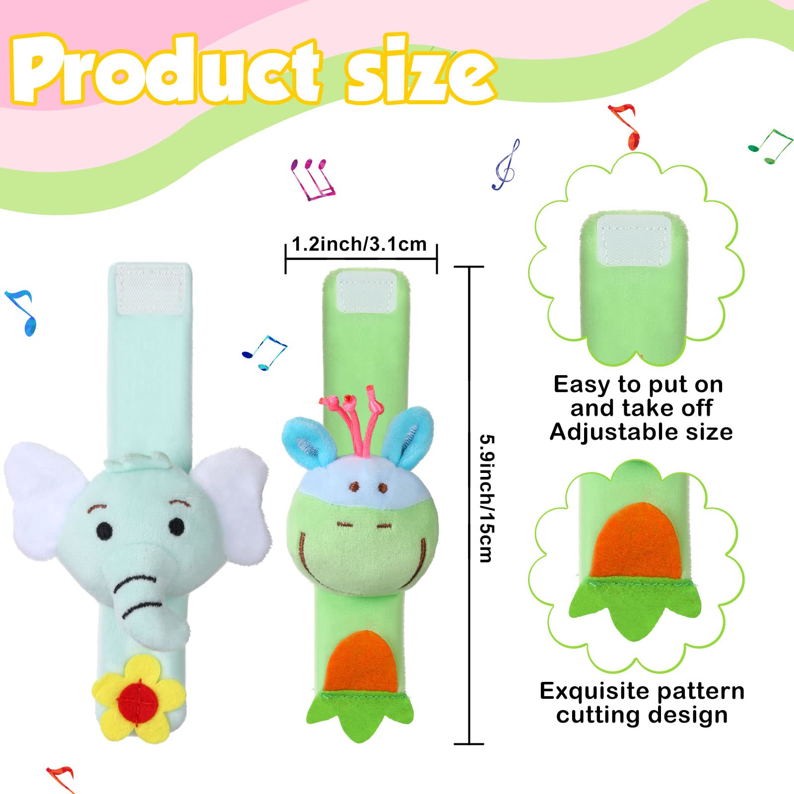 4 Pieces Baby Wrist Rattles Animal Pattern Newborn Rattle Foot Rattles Toy for Babies Boy Girl Infant Birthday Gifts Educational Toys, 4 Designs (Elephant, Donkey, Butterfly, Honeybee)