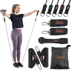 sunny health & fitness premium resistance band set with door anchors, wrist straps, handles & carry bag – exercise stretch bands for strength training, muscle recovery, yoga and more - no. 089-combo