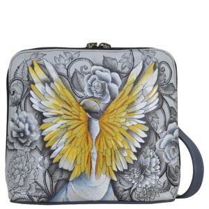 anna by anuschka womens anna anuschka hand painted women s genuine leather small zip crossbody guardian angel, guardian angel, one size us