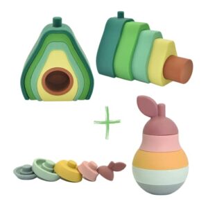 brushinbella avocado stacker 6pc early childhood montessori toys nesting puzzle building blocks silicone stacking toys educational toys, army green series(avocado/ pear)