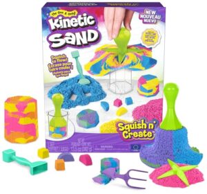 kinetic sand, squish n’ create playset, with 13.5oz of blue, yellow, and pink play sand, 5 tools, sensory toys for kids ages 3 and up