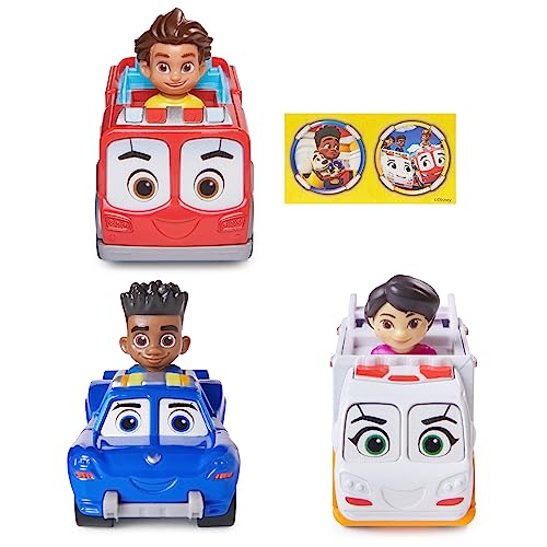 Disney Junior Firebuds, On The Move Rescue Team, 3 PK Diecast Metal Toy Car: Firetruck, Ambulance, and Police Car Kids Toys for Boys and Girls Ages 3+