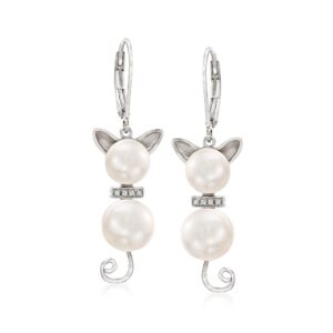 ross-simons 7.5-9mm cultured pearl and diamond-accented cat drop earrings in sterling silver