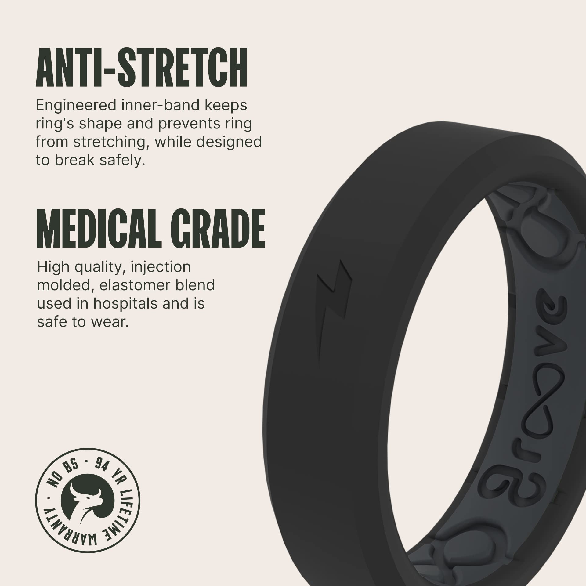 Groove Life Zeus Thin Midnight Black Silicone Ring Breathable Rubber Wedding Rings for Women, Lifetime Coverage, Unique Design, Comfort Fit Ring - Size 8