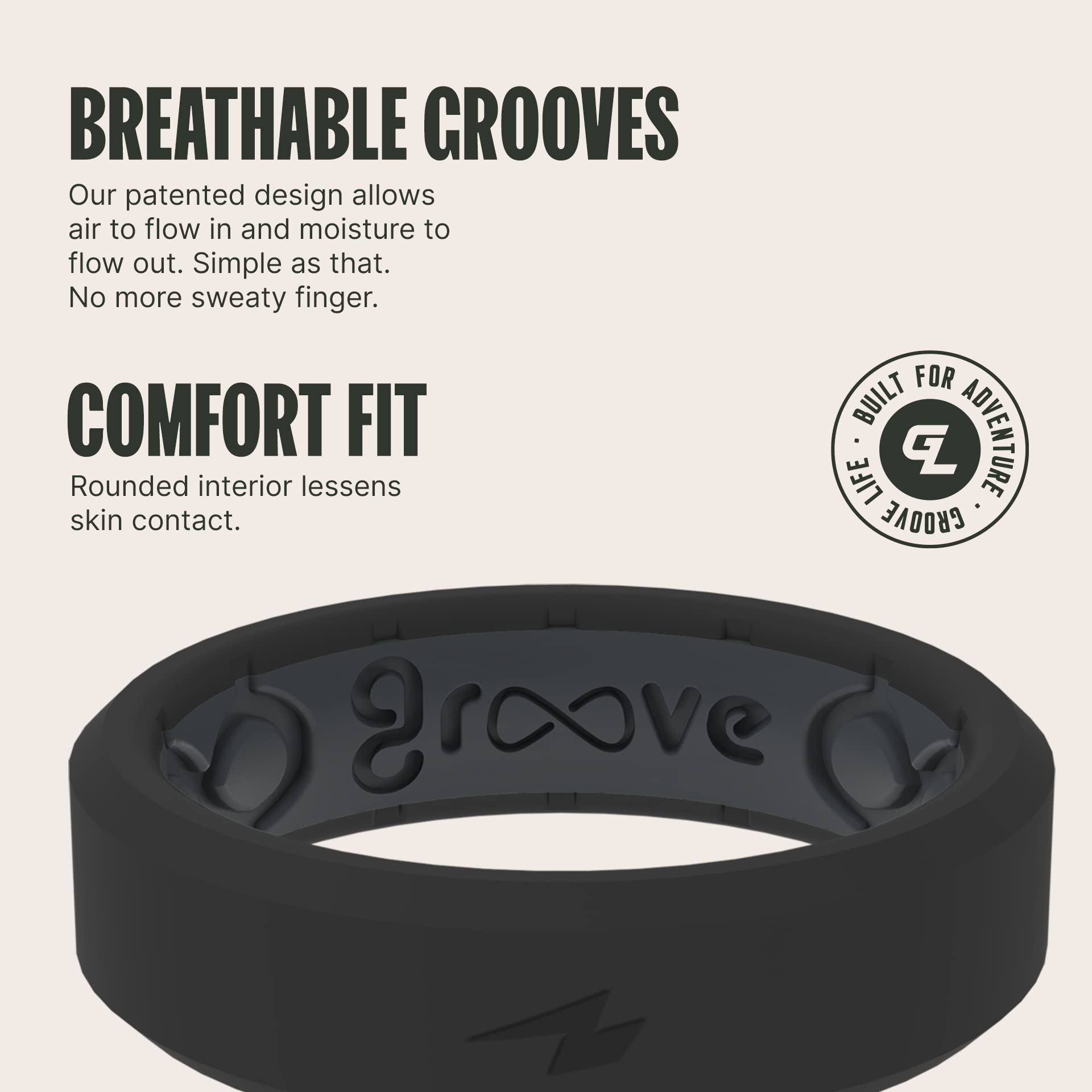 Groove Life Zeus Thin Midnight Black Silicone Ring Breathable Rubber Wedding Rings for Women, Lifetime Coverage, Unique Design, Comfort Fit Ring - Size 8