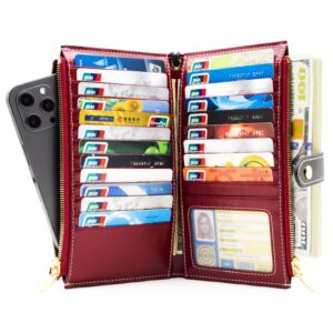 ANDOILT Wallet Women Men RFID Blocking Genuine Leather Bifold Multi Card Organizer Wristlet Purse with Zipper Pocket Cell Phone Handbag Red