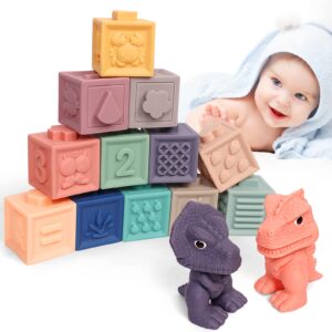 abellzos baby soft blocks, stacking building blocks, baby toys teething & squeezing cube blocks with numbers animals shapes textures for babies infants toddlers (14pcs)