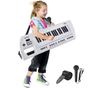 pyle portable piano keytar electric keyboard 37 keys w/microphone & carry strap, sustain controller, rechargeable battery - digital karaoke keyboard - compact musical piano white - pkbrd37wt