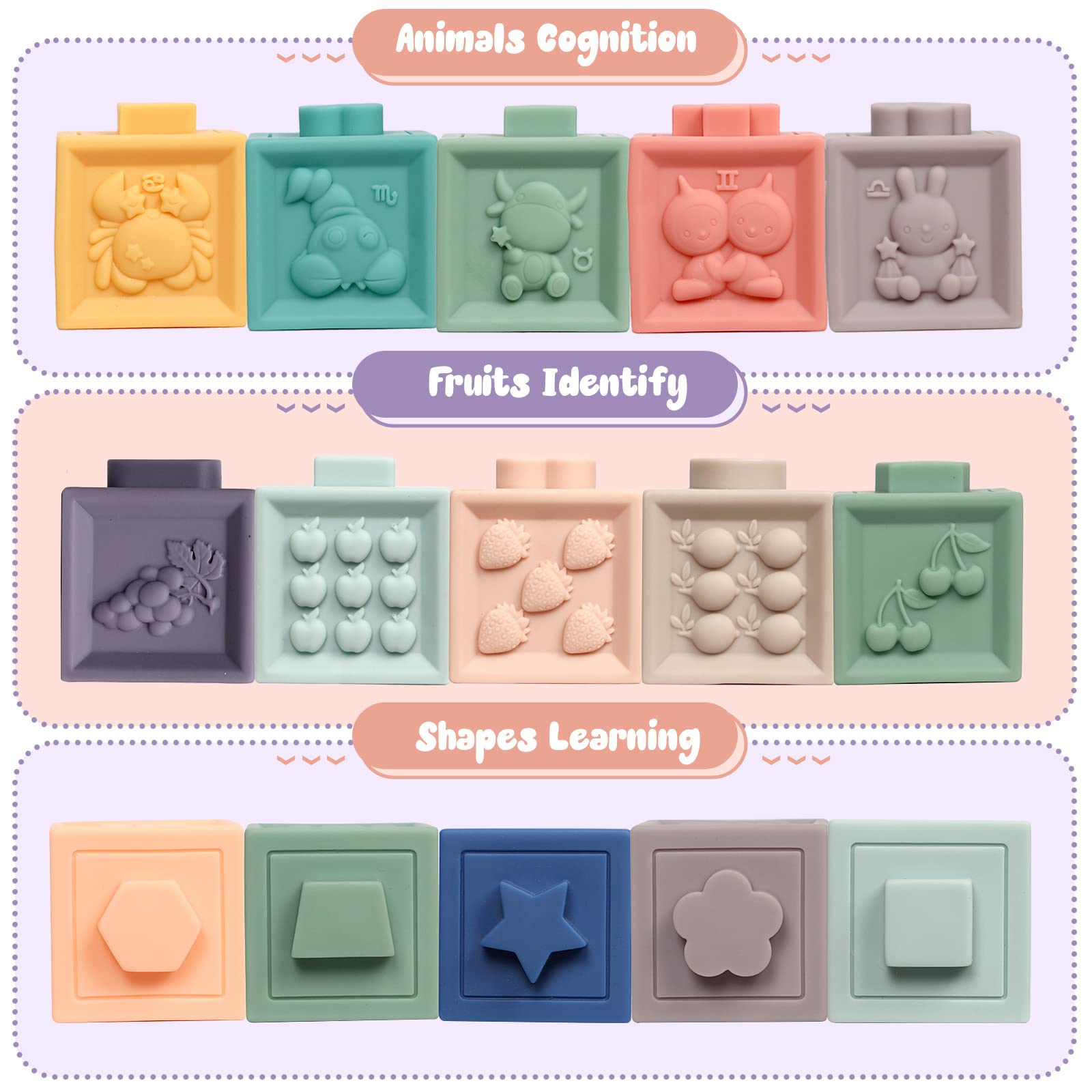 Abellzos Baby Soft Blocks, Stacking Building Blocks, Baby Toys Teething & Squeezing Cube Blocks with Numbers Animals Shapes Textures for Babies Infants Toddlers (14PCS)