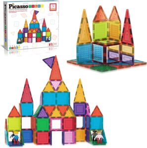 picassotiles activity center table + 63 piece magnetic building tiles, 331pc dual size building blocks play table & study desk, sandbox water tight container storage, 2 character figures 9 tile styles