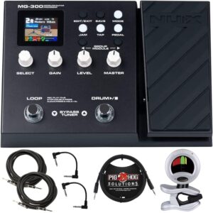 briskdrop nux mg-300 multi effects pedal bundle with 2 instrument, 2 patch, 3.5mm aux cables & snark tuner, silver