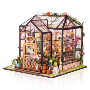 gudoqi diy miniature dollhouse kit, tiny house kit with furniture, miniature house kit 1:24 scale, handmade gift for birthday christmas day, jenny greenhouse flower shop