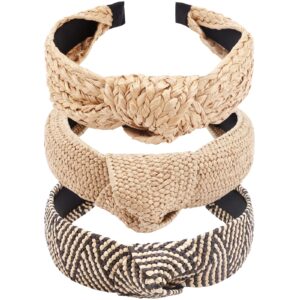 tobatoba straw headband for women, 3pcs top knot headband, summer beach headbands, raffia / rattan headband, boho woven headband no slip