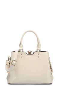 style strategy new york double handle frame satchel with rhinestones patent leather (bone)