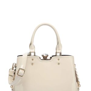 STYLE STRATEGY NEW YORK DOUBLE HANDLE FRAME SATCHEL WITH RHINESTONES PATENT LEATHER (bone)